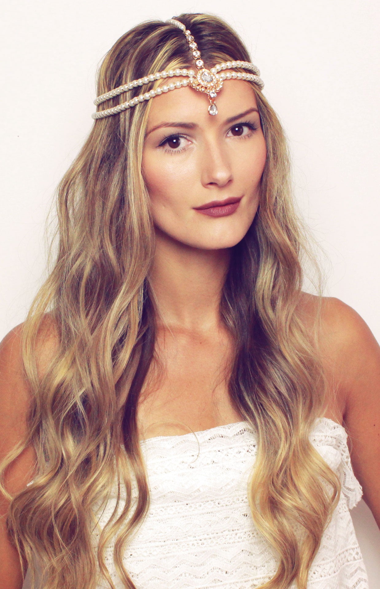 Aria Pearl Head Chain Bridal Headpiece for Bohemian Bride Bare Sandals